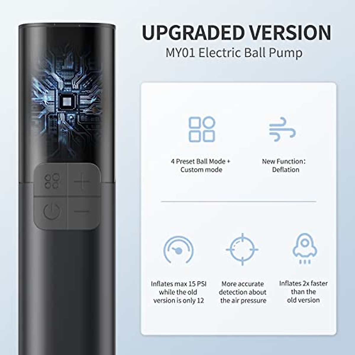 Pumteck MY01 Electric Ball Pump with Inflation & Deflation, Accurate Pressure Gauge and 4 Preset Modes, Automatic Ball Pump for Basketball, Soccer, Football and Volleyball (Max 15 PSI)