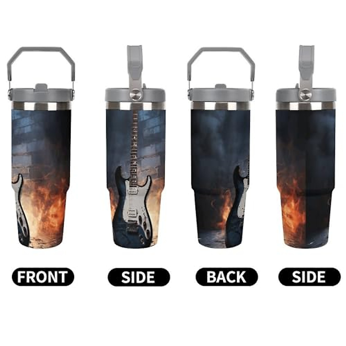 30oz Stainless Steel Insulated Tumbler with Flip Lid & Straw, Leakproof Travel Mug for Car, Electric Guitar Double Wall Vacuum Thermal Coffee Cup with Handle, Spill-Proof Design for Hot/Cold Drinks