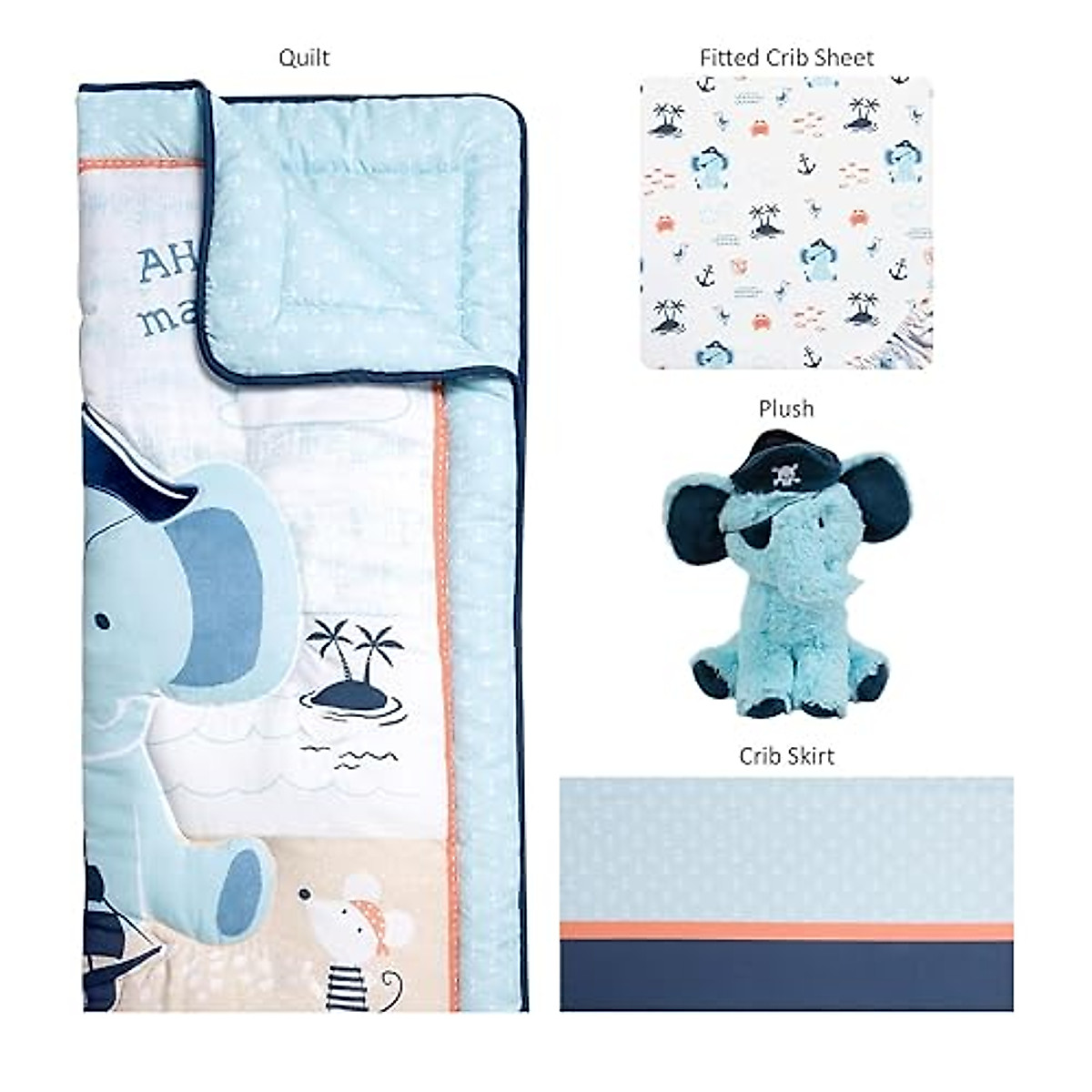 Sammy & Lou Ahoy Archie 4-Piece Baby Nursery Crib Bedding Set for Boys, Includes Quilt, Fitted Crib Sheet, Crib Skirt, and Plush Toy