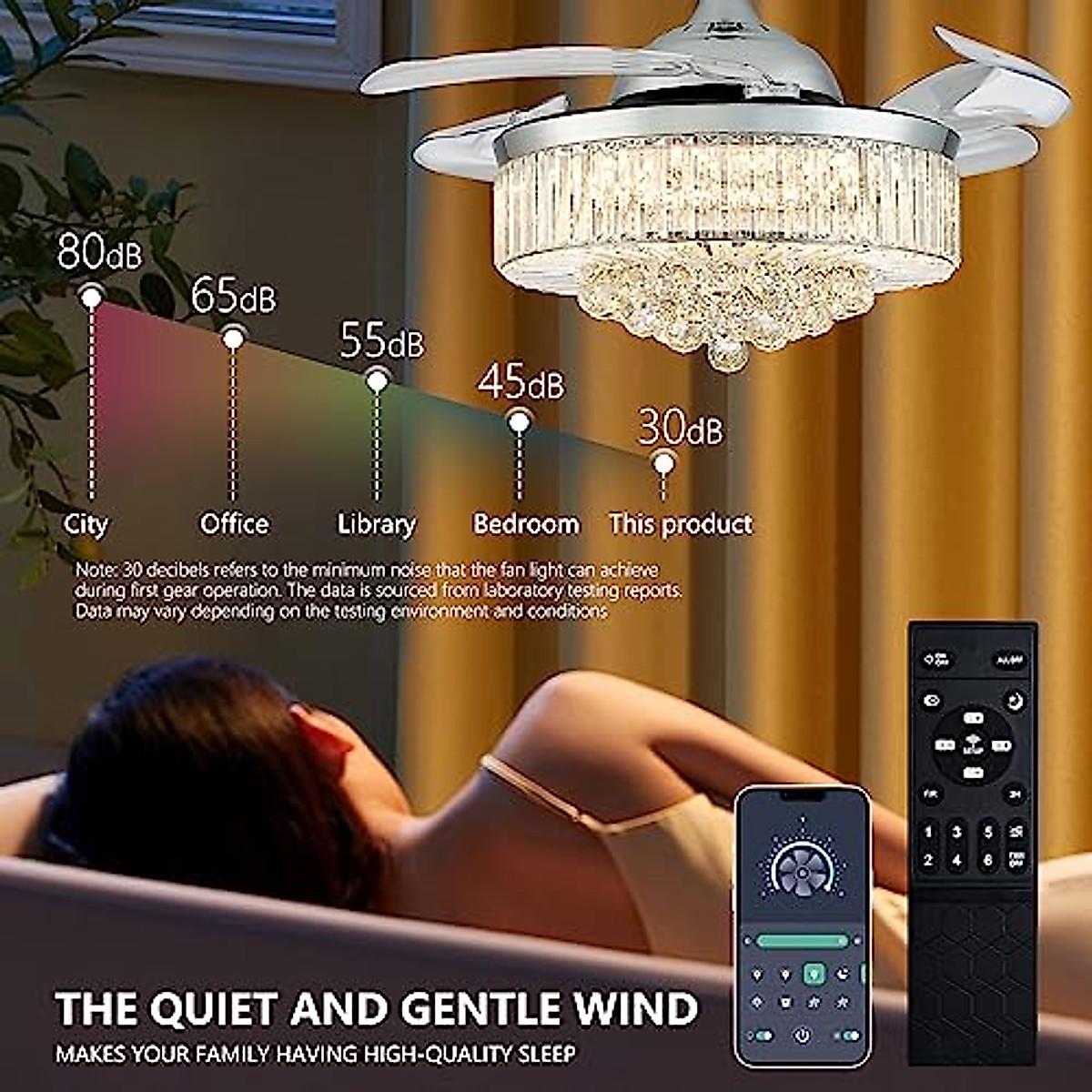 Silver Crystal Ceiling Fan with Lights and Remote,42 Inches Modern Retractable Blade Polished Chrome Ceiling Fans Light,Memory Infinite Dimmable 3 Lights Colors and 6 Speeds Air Circulation Chandelier