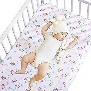 Little Grape Land, Mini Crib Bedding Sets for Girls | Mini Crib Bedding | Portable Crib Bedding Set for Girls | Luxury Pink Gold Unicorn 3 Piece Crib Set, Metallic Gold, Pink, Purple and Sky Blue