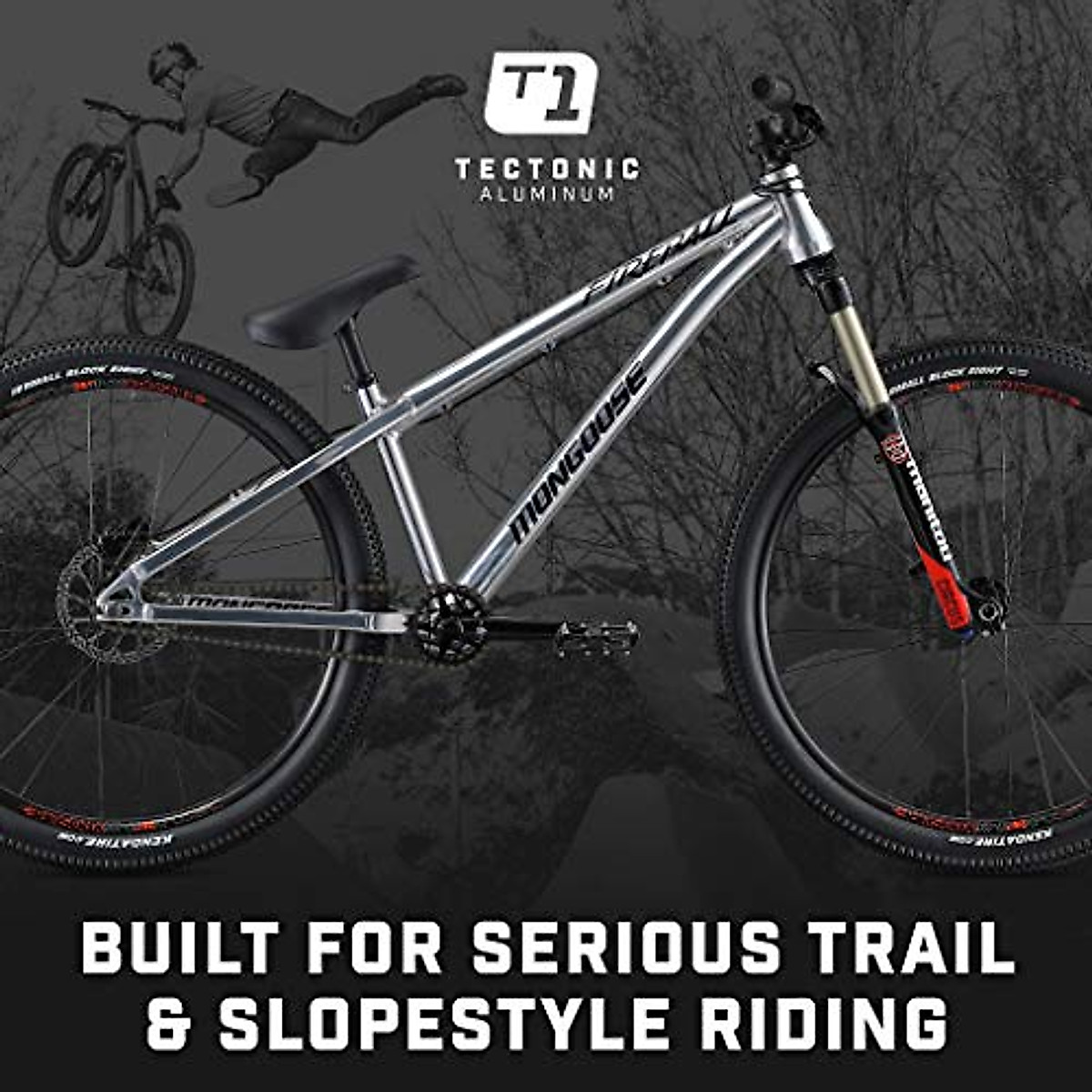 Mongoose Fireball Dirt Jump Mountain Bike, 26-Inch Wheels, Mechanical Disc Brakes, Chrome