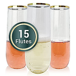 Reli. (15 Pack Plastic Champagne Flutes 9 Oz, Clear w/Gold Rim | Stemless Plastic Mimosa Glasses/Flutes | Disposable, BPA-Free, Shatterproof Cups |Perfect for Mimosa/Champagne, Cocktails, Wedding