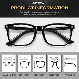 BOSSWIN - 5Pack Blue Light Blocking Glasses Square Nerd Eyeglasses Frame for Men and Women, Anti Eyestrain Reading Computer Gaming Glasses Non Prescription
