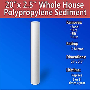 Standard Whole House Melt-blown Four Layers Filtration Polypropylene 5 Micron Sediment Filter 20” x 2.5” Fits 20” x 2.5” Housings. Compatible with FPMB5-20, FPMB520, SDC-25-2005/4, VX05-20 Pack of 6