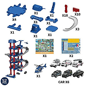 COVTOY Parking Garage Toy Playset, Race Car Ramp Track Toy, with 6 Police Cars, Four-Story for 4-8 Years Old Boys And Kids