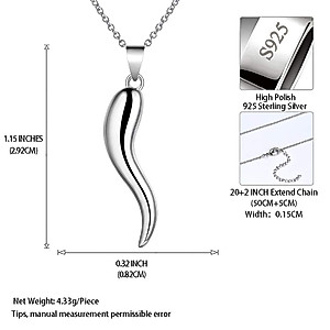 Lucky Italian Horn Pendant Necklace 18K White Gold Over 925 Sterling Silver Cornicello Horn Talisman Necklace Protection Amulet Jewelry for Women Sisters Best Friends Gift FP0061W