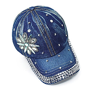 Bling Baseball Cap for Women Fancy Denim Bejeweled Sun Hat Studded Rhinestone Crystals Adjustable (F-2)