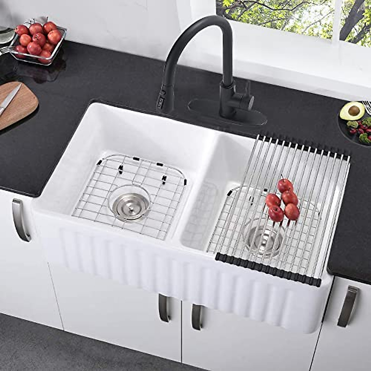 33 Inch Double Bowl Farmhouse Sink White -Bokaiya 33x18 Inch Fireclay Apron Front Double Bowl Kitchen Sink Porcelain Ceramic Reversible 50/50 Double Bowl Farm Sink