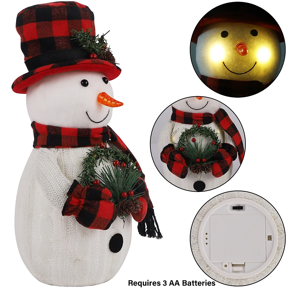 Sancodee Christmas Lighted Snowman, 12" Snowman with Wreath Christmas Table Decorations, Red Black Plaid Snowman Xmas Decor for Home Kitchen Holiday Party