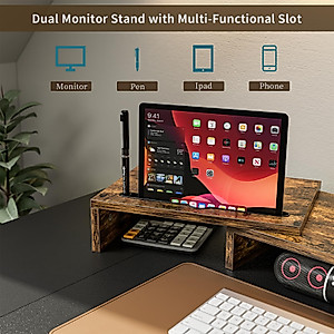 XBurmo Monitor Stand Riser, Dual Monitor Stand with slots for TV/PC/Laptop, Wood Computer Monitor Stand with adjustable Length and Angle, Rustic Brown