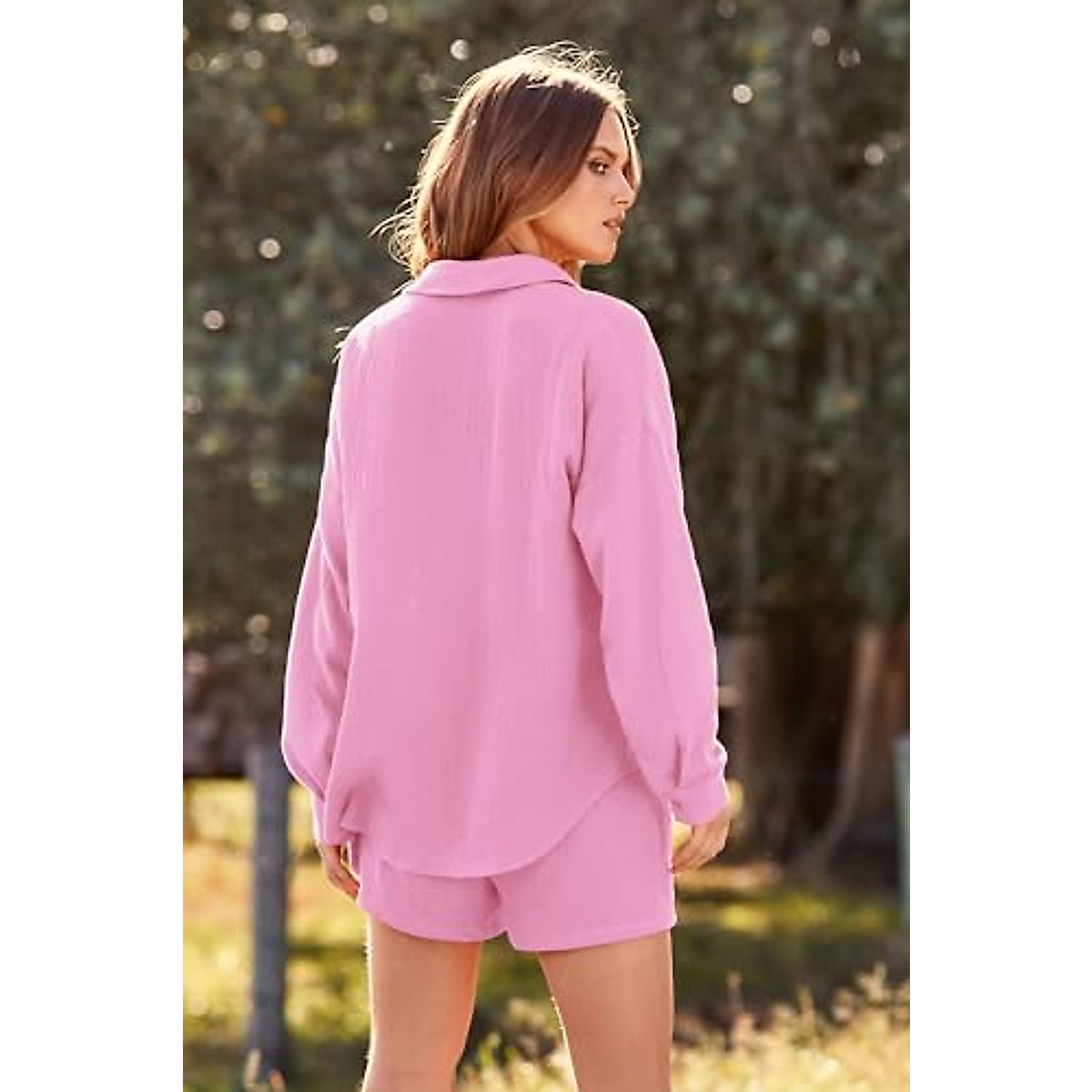 PRETTYGARDEN Women's 2 Piece Tracksuit Outfit Long Sleeve Blouse High Waisted Drawstring Shorts Loungewear Set (Pink,Medium)