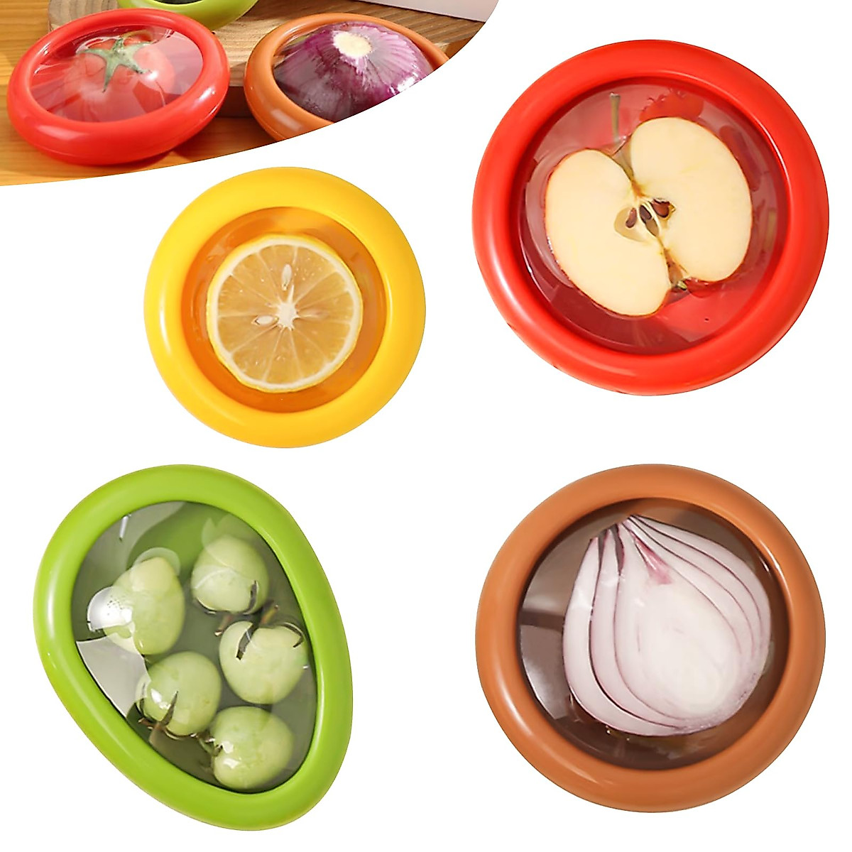 Saxialy Vibrant and Stylish Silicone Fruit Storage Containers - 4pcs Reusable Food Storage Boxes for Onion, Avocado, Tomato, Lemon