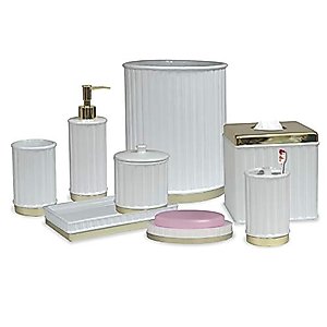 nu steel PAN-8PC/SET Panache Ceramic Bath Accessory Set for Vanity Countertops 8 Piece Includes Container, Dish,Tooth Brush, Tumbler,soap Lotion,Waste Basket,Tissue Box Holder,Tray-White/Gold