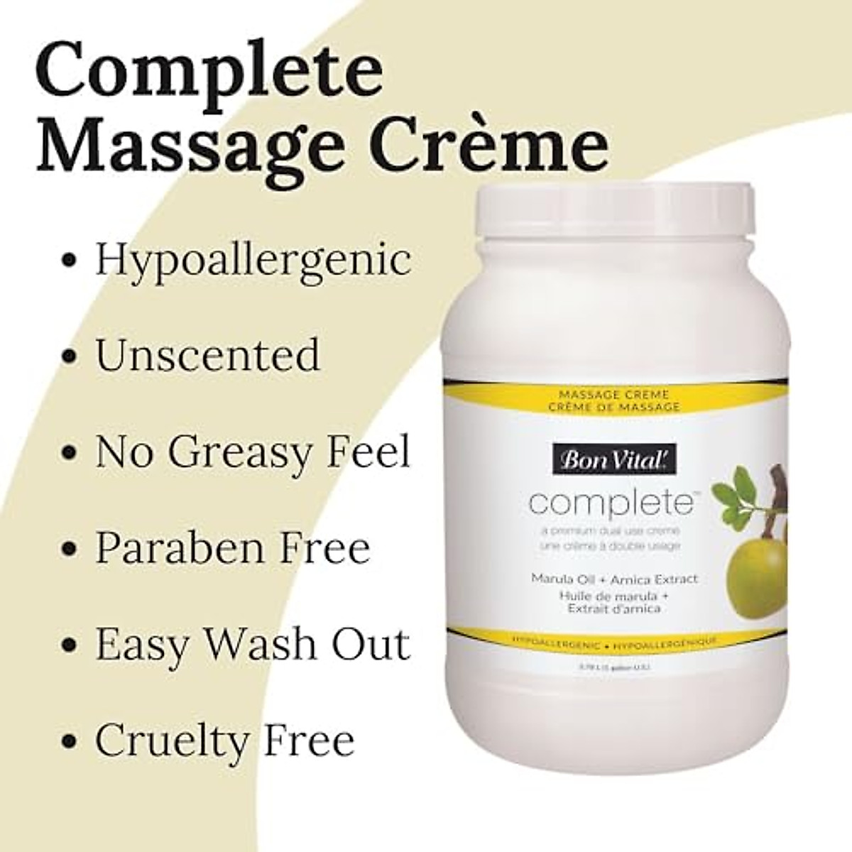 Bon Vital Complete Massage Creme, Premium Dual Use Cream for Hypoallergenic Professional Massages, Non Greasy Unscented Moisturizer Made with Marula, Olive, Avocado, & Jojoba Oil, 1 Gallon