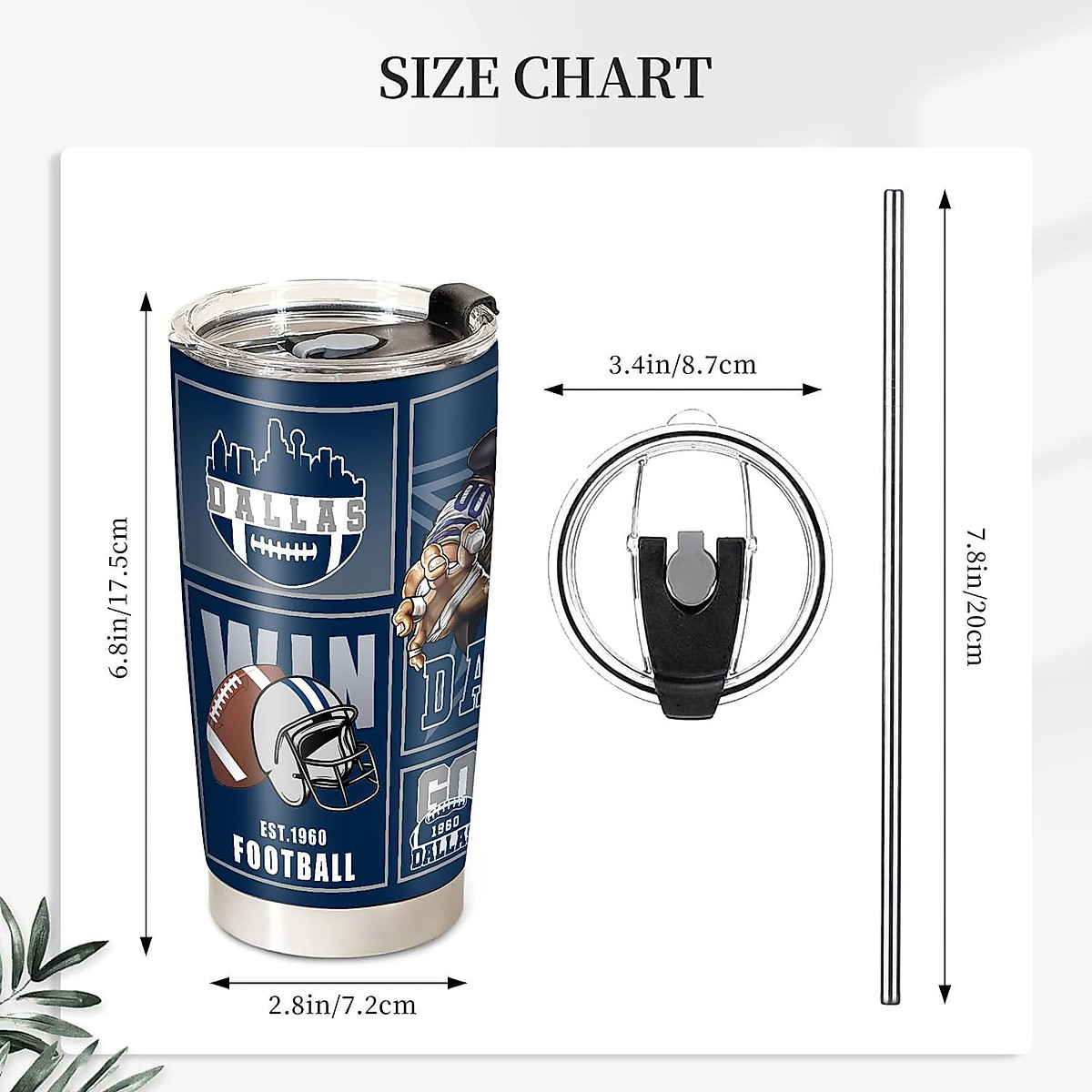 20oz Insulated Stainless Steel Tumbler, Coffee Travel Mug, Sports Style Double Wall Powder Coated Insulated Coffee Mug Travel Mug with with Lid and Straw Thermal Cup for Dallas