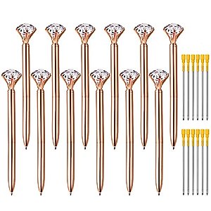 Zealor 12 Pieces Big Diamond Crystal Ballpoint Pens and 12 Pieces Ballpoint Pen Refills, Black Ink (Rose Gold)