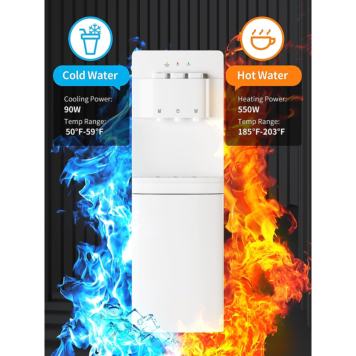 TABU Bottom Loading Water Cooler Dispenser of 3 Temperature Settings - Hot, Cold, Room Water, for 3 or 5 Gallon Bottles, with Child Safety Lock& Anti-Scalding Design, (White)