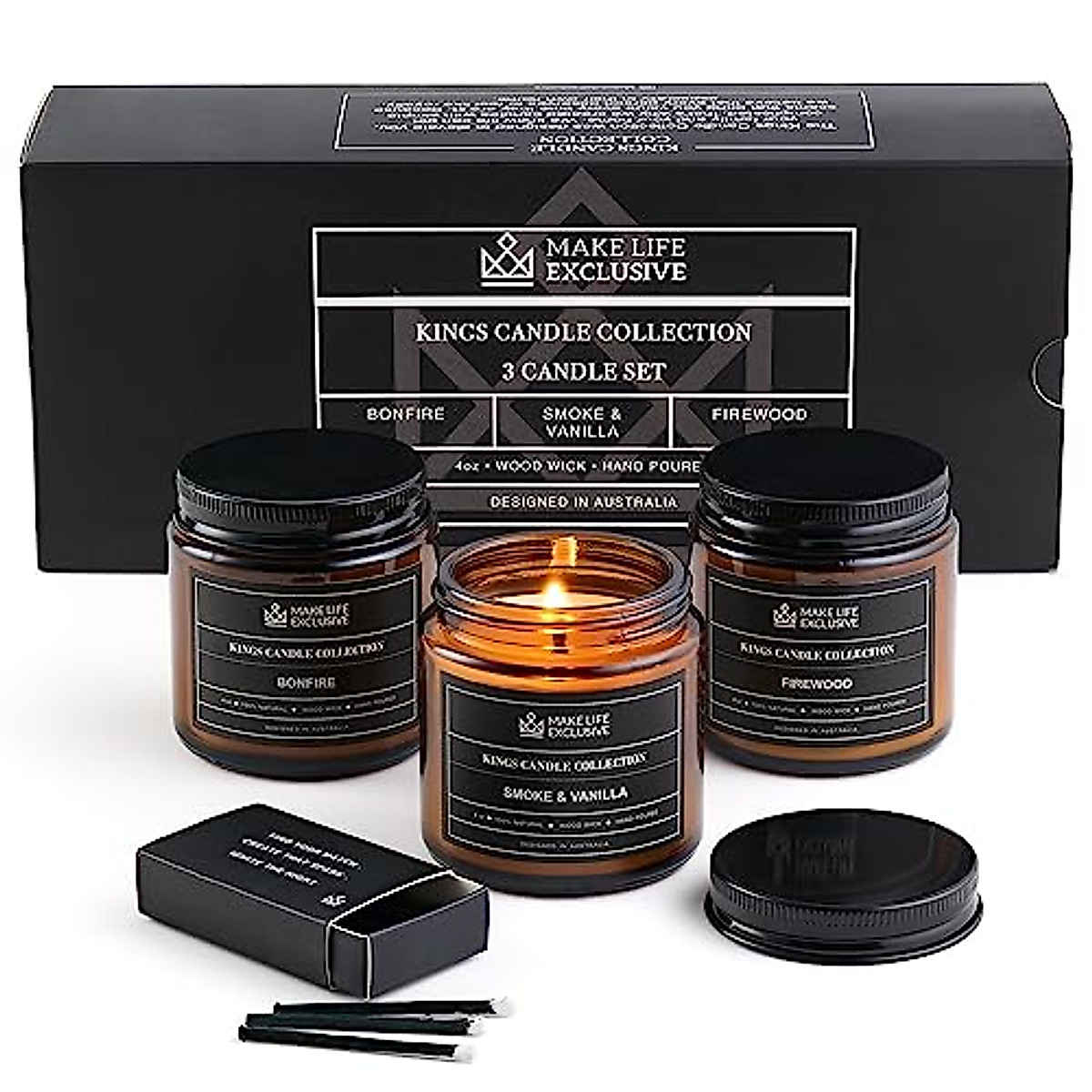 Set of 3 4oz Scented Candles for Men Gift Set | by The Fire | Woodwick Crackling Masculine Scent Candles | Manly Tobacco, Fire & Mahogany Teakwood Soy Candles | Unique Gift