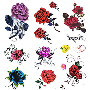 6 Sheet small fake Rose tattoo for women Girls,Temporary Tattoos blue red flower,waterproof and Long Lasting sexy tattoos flowers -include purple pink yellow rose flowers, butterfly