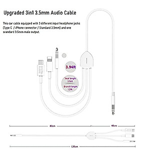 3in1 Car AUX Cable, 3.5mm HiFi Headset Audio Cord Car Stereo Aux Cable Compatible with All Kinds of Phone, Pad, Tablet, PC, Laptop, MP3 to Work with Car Stereo, Headset, Speaker, Length 3.93Ft