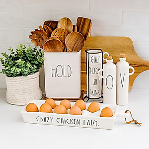 Rae Dunn Kitchen Utensil Organizer with Wooden Tray, Cute Organizer for Kitchen Countertop with Phone or Tablet Holder, Handcrafted Ceramic Utensil Holder, 2-Piece Set