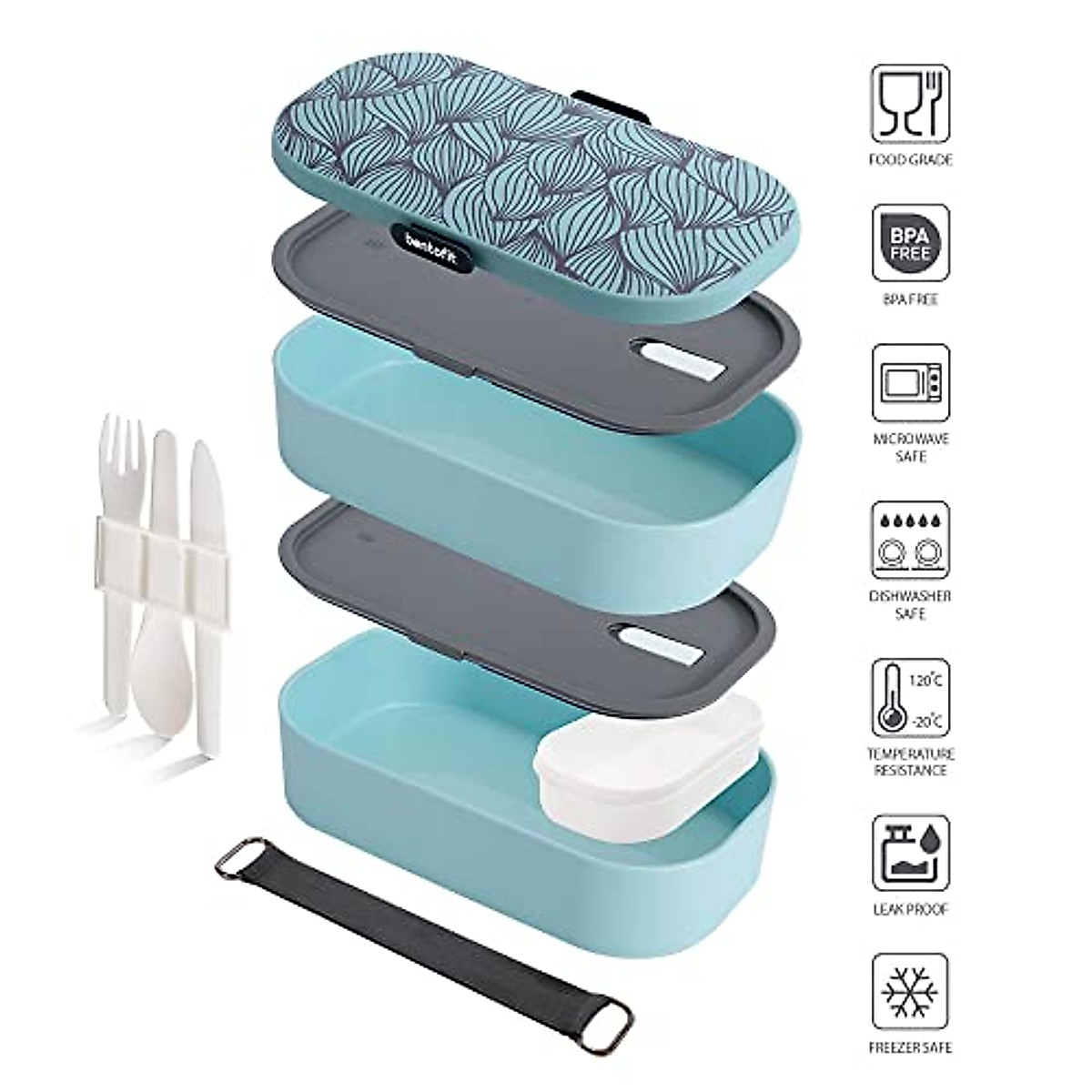 Bentofit Premium Bento Box Adult Lunch Box - 45oz 2-Compartment Container with Cutlery & Sauce Holder for Convenient On-the-Go Meals, Microwavable (Wathet Blue)