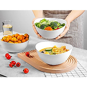Honla 48 oz Large Salad Bowls,Set of 4 Big Plastic Bowls for Cereal,Pasta,Popcorn,Snacks,Serving Side Dishes,Dinner Parties,Oval Shape,White