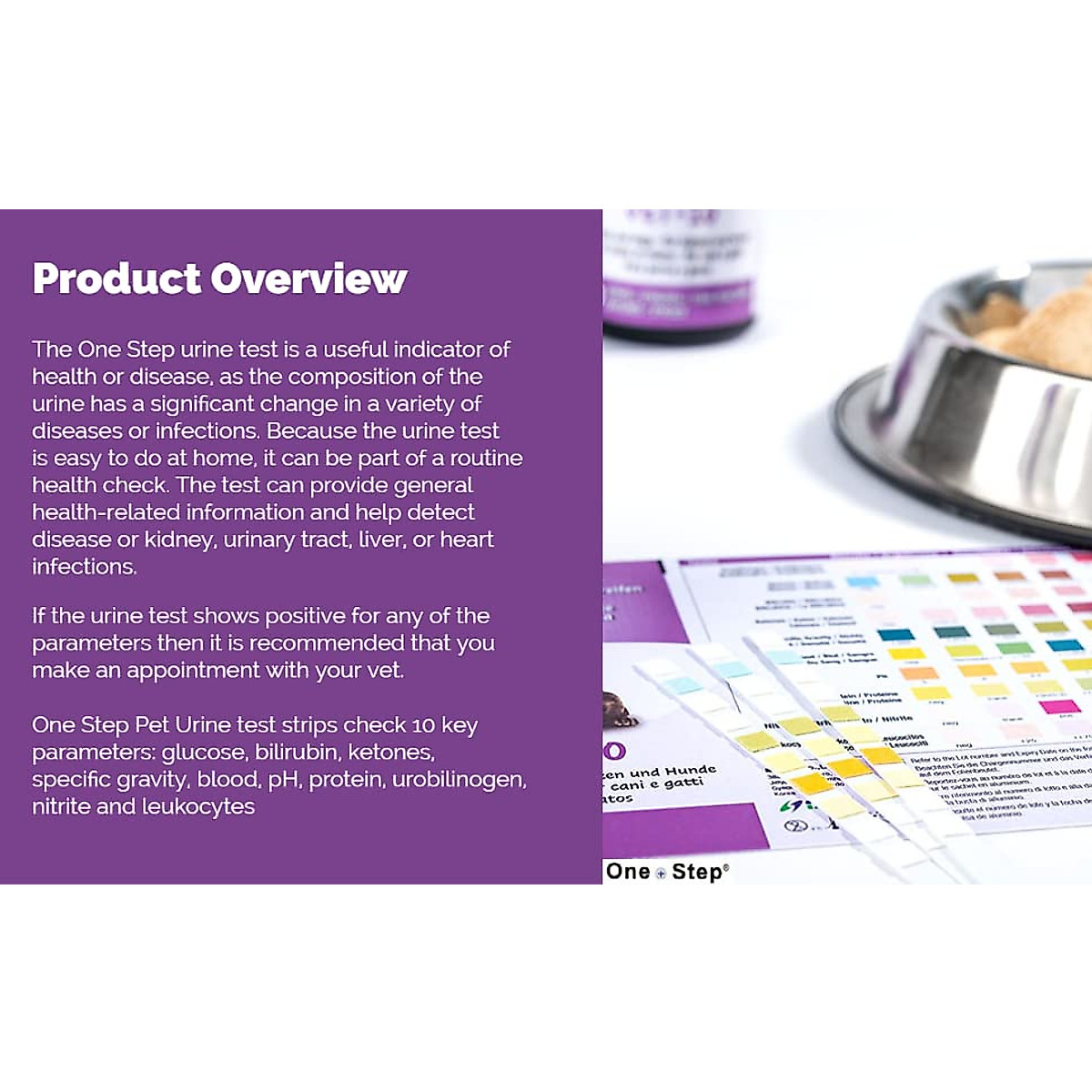 One Step Pet Urine Test Strips, 15 x Urinalysis 10 Parameter Tests in a Re-sealable Foil Pouch, Tests for Dogs Cats & Animals, Accurate Testing for UTI Diabetes Bladder Kidney Liver SG pH Glucose