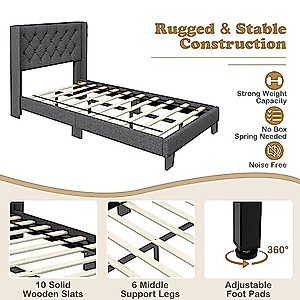 Giantex Twin Bed Frame with Button Tufted Headboard, Modern Fabric Upholstered Platform Bed with Wingback Design, Solid Wooden Slats Support Mattress Foundation, No Box Spring Needed, Grey