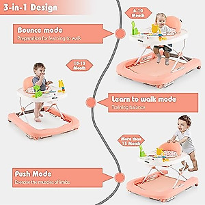 INFANS Foldable Baby Walker, 3 in 1 Toddler Walker Bouncer, Learning-Seated, Walk-Behind, Music, Adjustable Height, High Back Padded Seat, Detachable Trampoline Mat, Activity Walker with Toys (Pink)