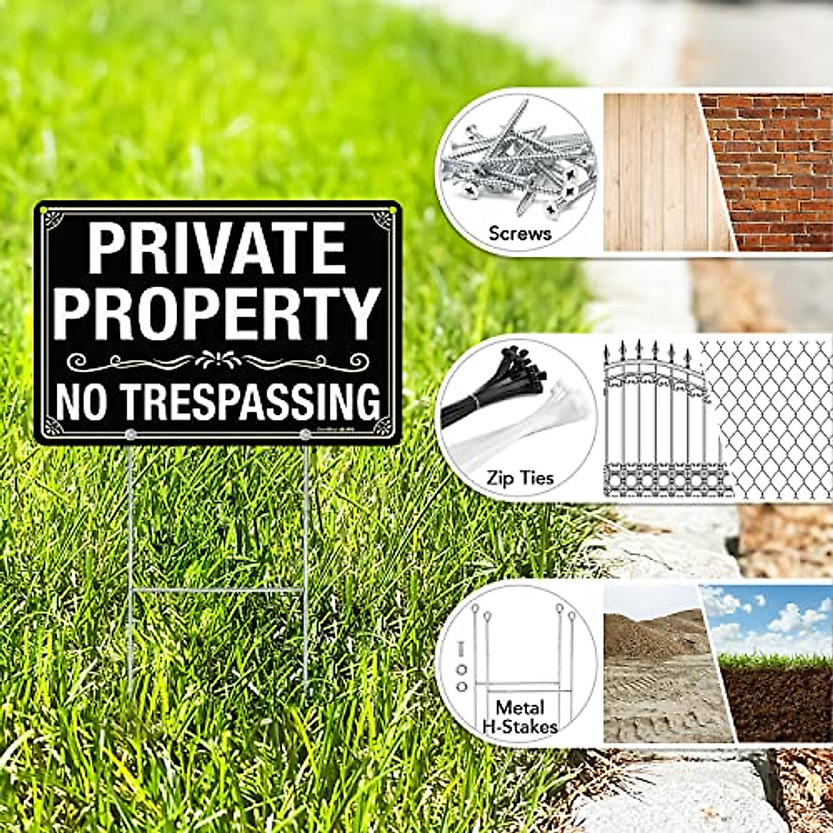 GicnKeuz No Trespassing Signs Private Property Sign with H-stakes, 12"×8" Aluminum Sign, Fade Resistant/Waterproof, Including Screws, Easy to Install, Outdoor Use