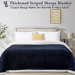 LBRO2M Striped Sherpa Fleece Bed Blanket King Size, Super Soft Fuzzy Plush Warm Cozy Fluffy Microfiber Couch Throw Velvet Double Reversible Luxurious Blankets (90x104),Navy Blue