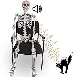 Halloween Skeleton Decorations - 5.5FT Life Size Skeleton Decoration Realistic Pose-n-Stay Human Skeleton with LED Glowing Eyes - Motion Sensor Hanging Props Creepy Sound for Halloween Decorations