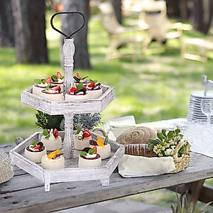 Two Tiered Tray White Farmhouse Decor Trays, Wood Fall Kitchen Decor Tray, 2 Tier Trays Wood Cake Stand Country Decor Tiered Serving Tray Wooden Festival Decorative Tray 19"x15"