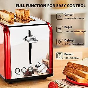 REDMOND 2 Slice Toaster Stainless Steel Toaster Wide Slots with Bagel Defrost Cancel Function 6 Bread Shade Settings for Bread waffles Auto Shutoff Red