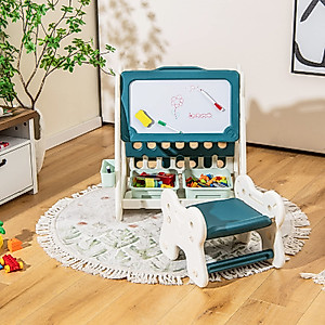 HONEY JOY Kids Table and Chair Set, 3 in 1 Convertible Art Easel & Display Bookshelf w/Magnetic Painting Board, Bottom Storage Shelf, Children Activity Table Set for Drawing Reading (Green)