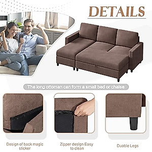 JAMFLY 79'' Sectional Sofa Couch with Storage Ottoman, Living Room Furniture Set Small Deep Convertible Sofa, L-Shaped Couch Wide Reversible Chaise with Linen Fabric (Brown)