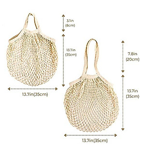 Yiplus Cotton Mesh Produce Bag, 2 Pack Reusable Ecology Washable Organic Shopping Grocery Farmer Market Bags String Net Tote for Vegetables and Fruit with Long/Short Handle (Beige)