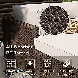 SUNBURY 8-Piece Outdoor Sectional Wicker Sofa in Off White Cushions, Brown Wicker Patio Furniture Set w Glasstop Table for Backyard Garden Porch