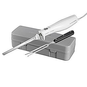 Hamilton Beach Electric Knife for Carving Meats, Poultry, Bread, Crafting Foam & More, with Reciprocating Serrated Stainless Steel Blades, Ergonomic Design, Storage Case & Fork Included, White