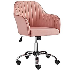 Yaheetech Velvet Office Desk Chair Height Adjustable Task Chairs Modern Office Chair Makeup Chair 360° Swivel Computer Chair Mid Back Chair Living Room Chairs with Arms&Stainless Base Accent Pink