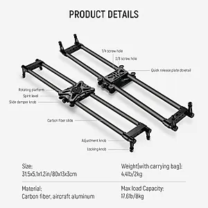 NEEWER 31.5 inches / 80 cm Carbon Fibre Camera Slider, Dolly with Thicker Tube and More Stable Support, 4 Precise Smooth Bearings and Levelling for DSLR Camera Camcorder, max Load 8 kg, CS80 cm