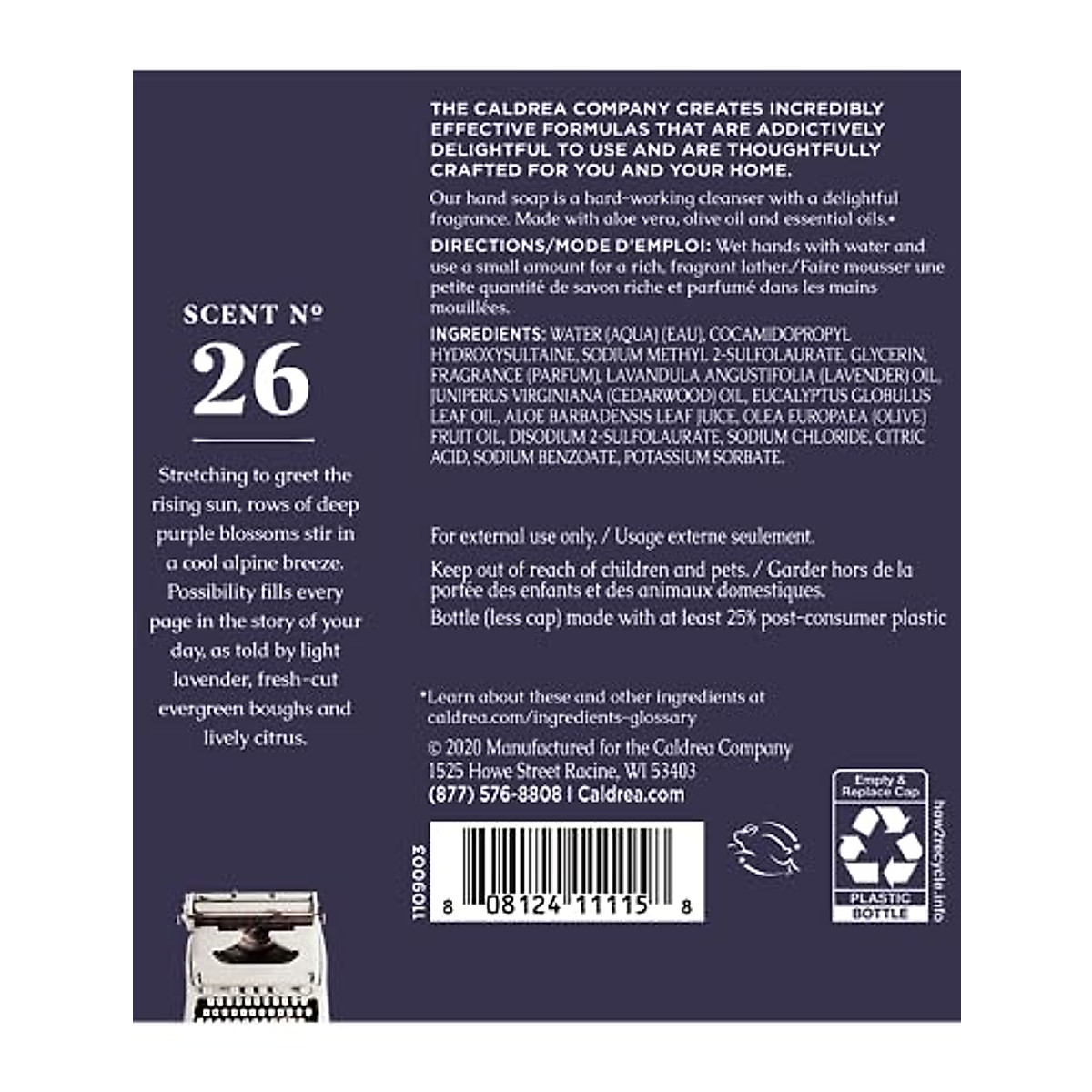 Caldrea Hand Soap Refill, Aloe Vera Gel, Olive Oil And Essential Oils To Cleanse And Condition, Lavender Cedar Leaf, 32 Oz