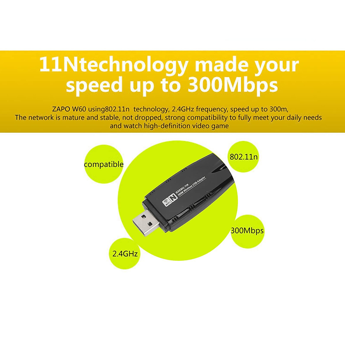 ciciglow Wireless USB WiFi Adapter for PC, 300Mbps High Speed Portable Wireless Network Adapter with Antenna, for Android, for Linux, for Windows XP, for Win7, for Win8, for Win10