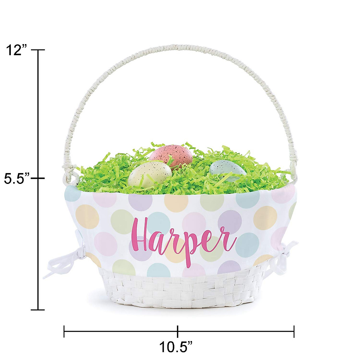 Personalized Easter Egg Basket For Her with Handle and Custom Name | Polka Dot Easter Basket Liners | White Basket | Woven Easter Baskets for Kids | Customized Easter Basket | Gift for Easter