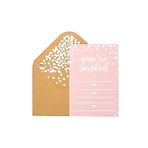 Invitation Cards - 24-Count 4" x 6" Baby Pink Invitation Cards ‘’You Are Invited’’ in Silver Foil with 26 Silver Foil Confetti Kraft Envelopes – For Wedding, Bridal Shower, Baby Shower, Birthday