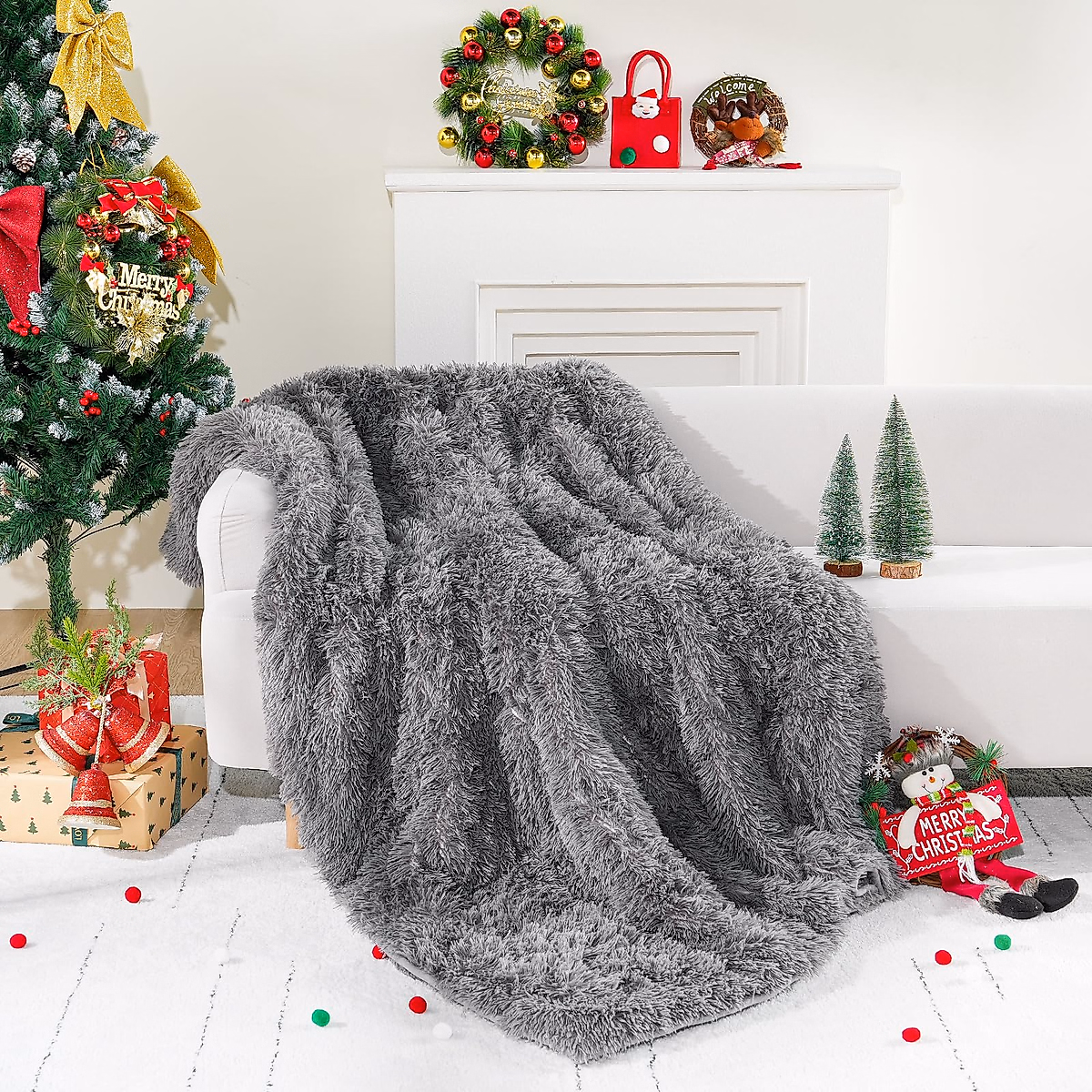 Cottonblue Faux Fur Reversible Sherpa Weighted Blanket 15lbs,Luxury Snugly Long Fur Warm Heavy Blanket 60x80 inches,Super Soft Fuzzy Fleece Blanket for Cold Days,Gray