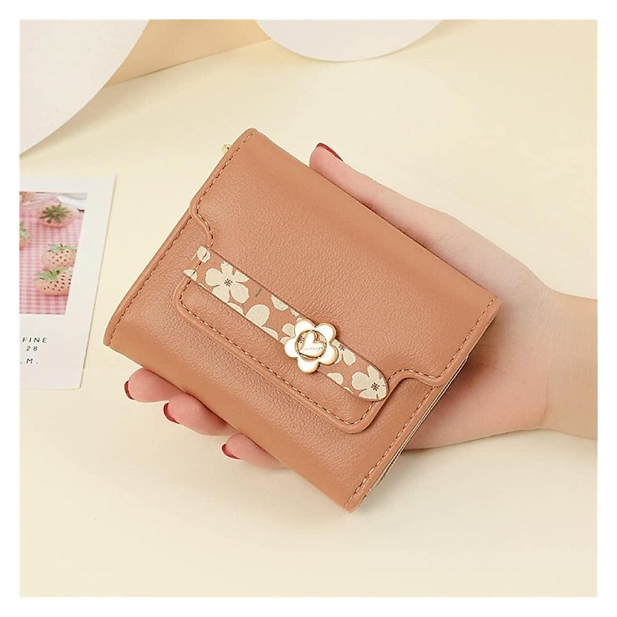 ZHAOCC Ladies Wallet, Ladies Compact Clutch Mini Wallet Women's Short Folding Wallet Simple Trendy Flower Large-Capacity Women's Wallet (Color : Orange)