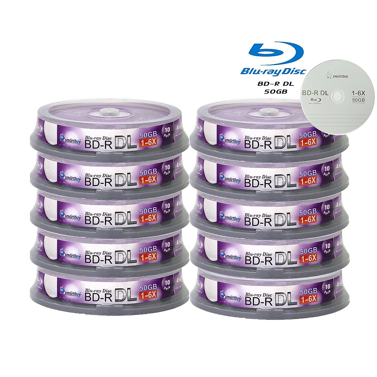 Smart Buy 100 Pack Bd-r Dl 50gb 6X Blu-ray Double Layer Recordable Disc Blank Logo Data Video Media 100-discs Spindle